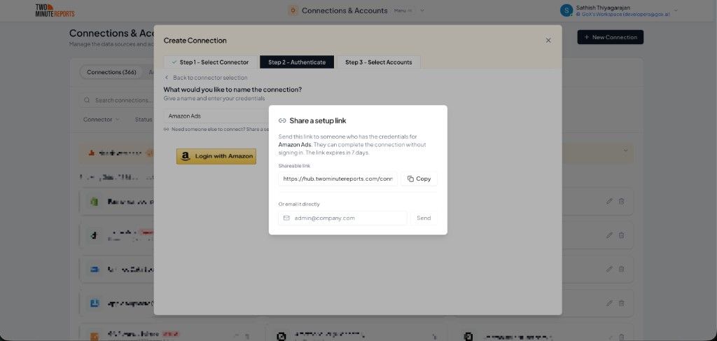 Share a Connection Setup Link — Two Minute Reports - Two Minute Reports